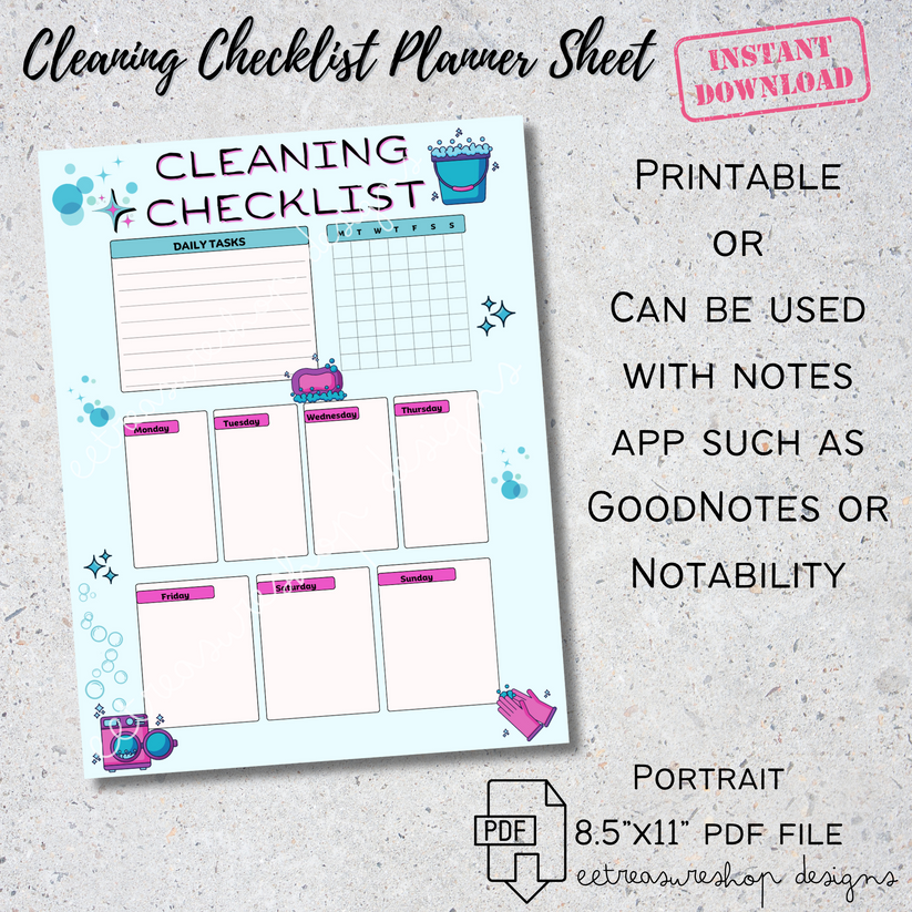 Cleaning Checklist Printable PDF, Digital Download, GoodNotes Cleaning ...