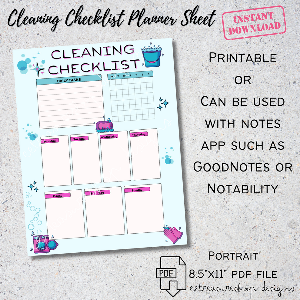Cleaning Checklist Printable PDF, Digital Download, GoodNotes Cleaning ...